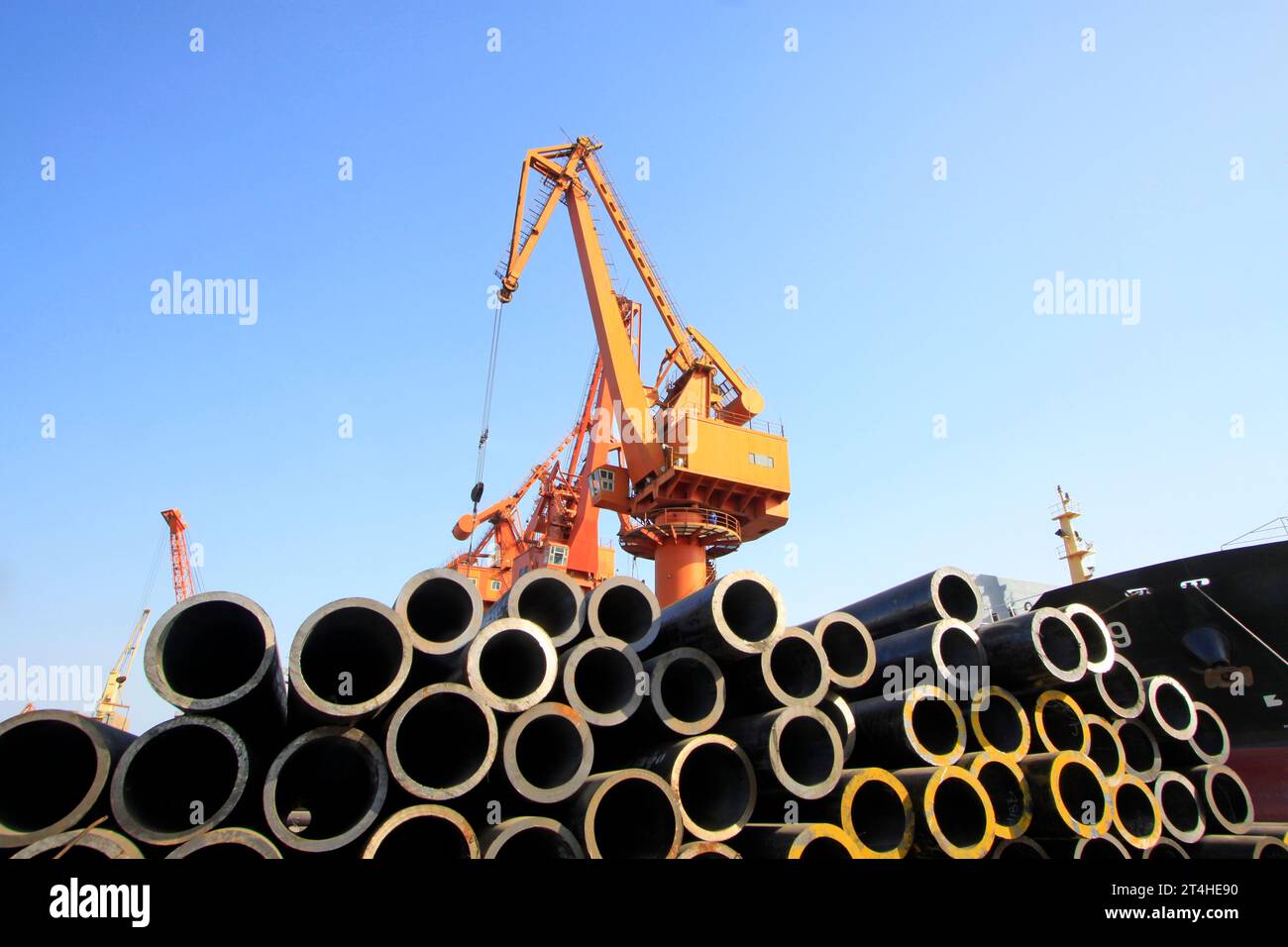 portal crane and steel pipe cross section features, closeup of photo ...