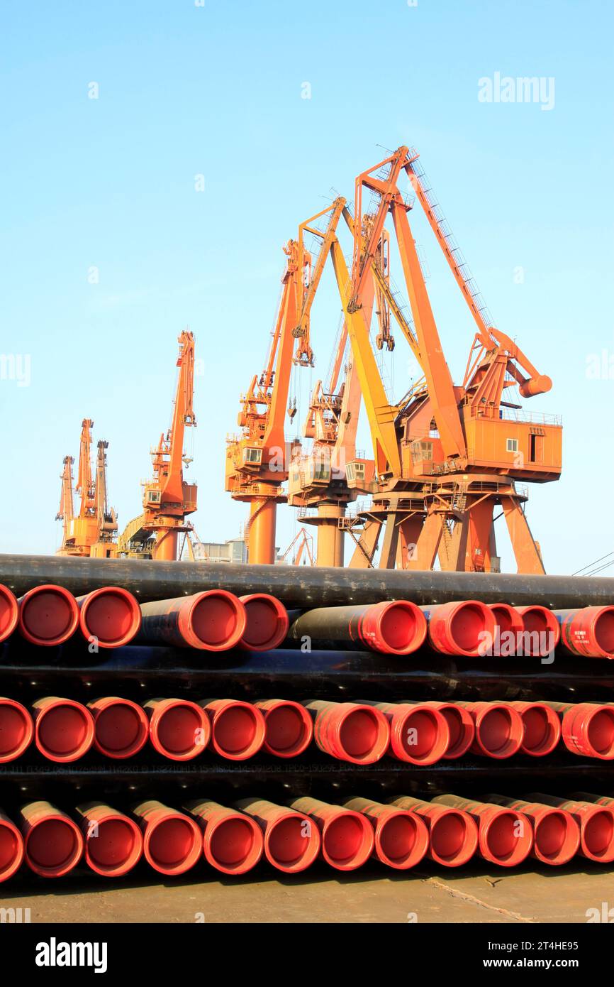 portal crane and steel pipe cross section features, closeup of photo ...