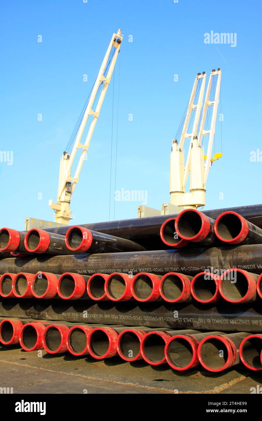 portal crane and steel pipe cross section features, closeup of photo ...