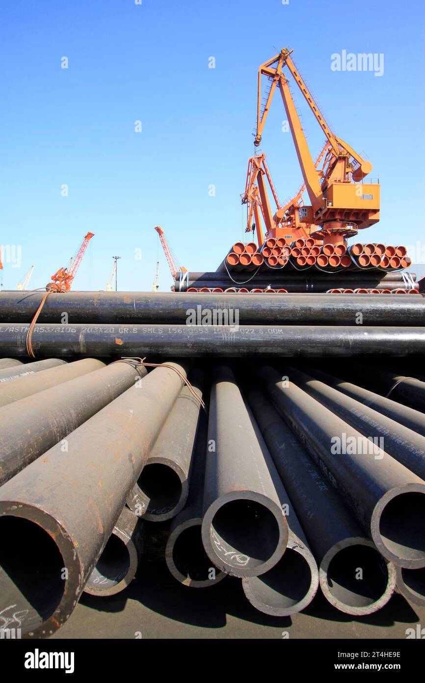portal crane and steel pipe cross section features, closeup of photo ...