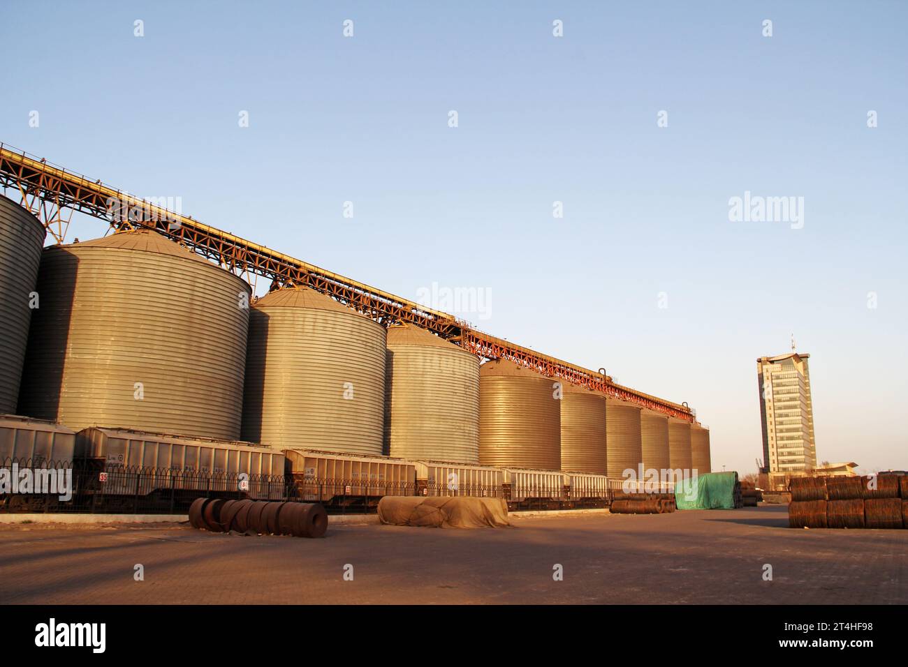 metal Tubular warehouse in bulk cargo terminal, closeup of photo Stock ...