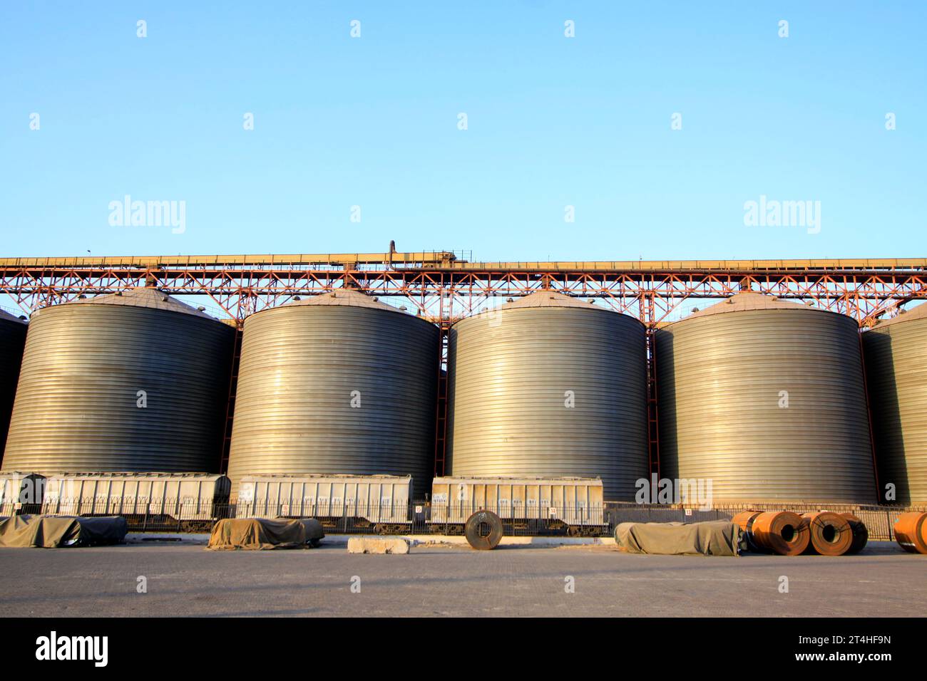 metal Tubular warehouse in bulk cargo terminal, closeup of photo Stock ...