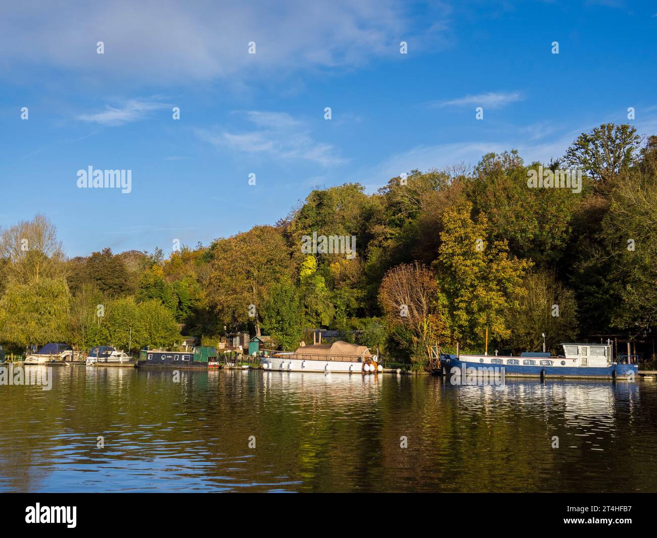 Landscape of Narrow Boats, Caversham, River Thames, Reading, Berkshire ...
