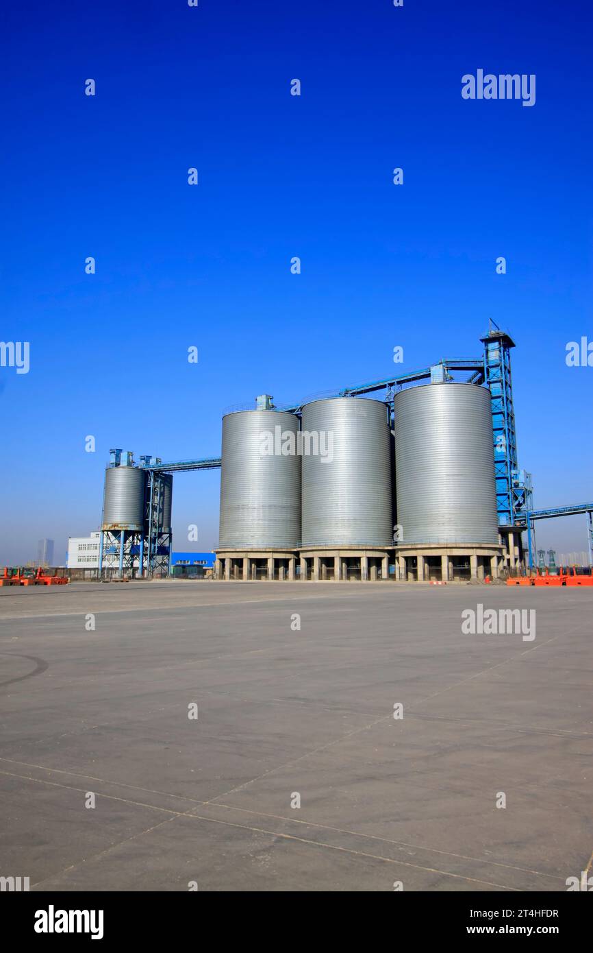 metal Tubular warehouse in bulk cargo terminal, closeup of photo Stock ...