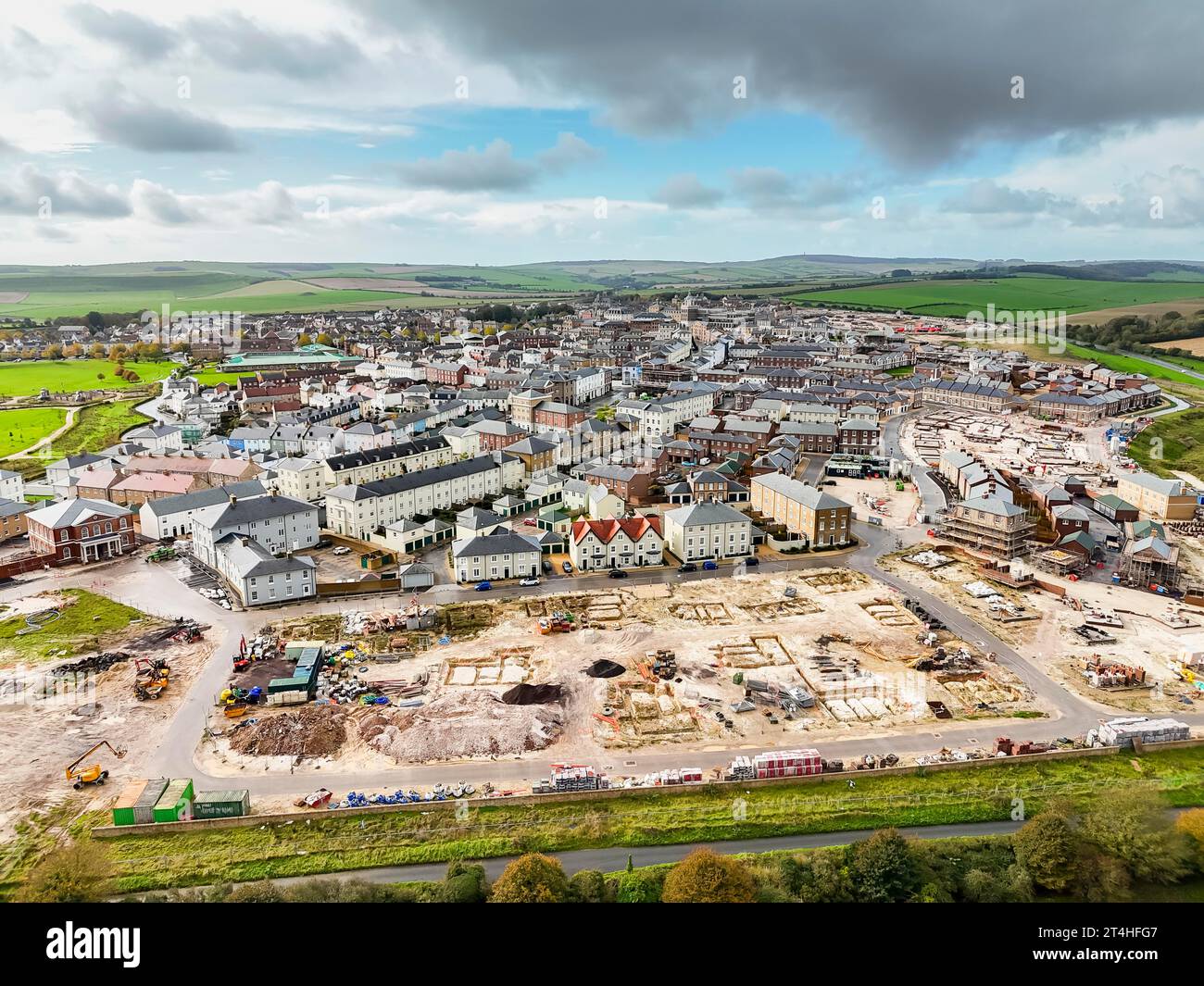 Poundbury, Dorchester, Dorset, UK. 31st October 2023. Aerial view of ...