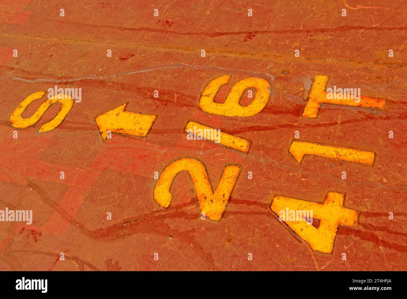 Numbers and lines in yellow brown sheet metal, closeup of photo Stock ...