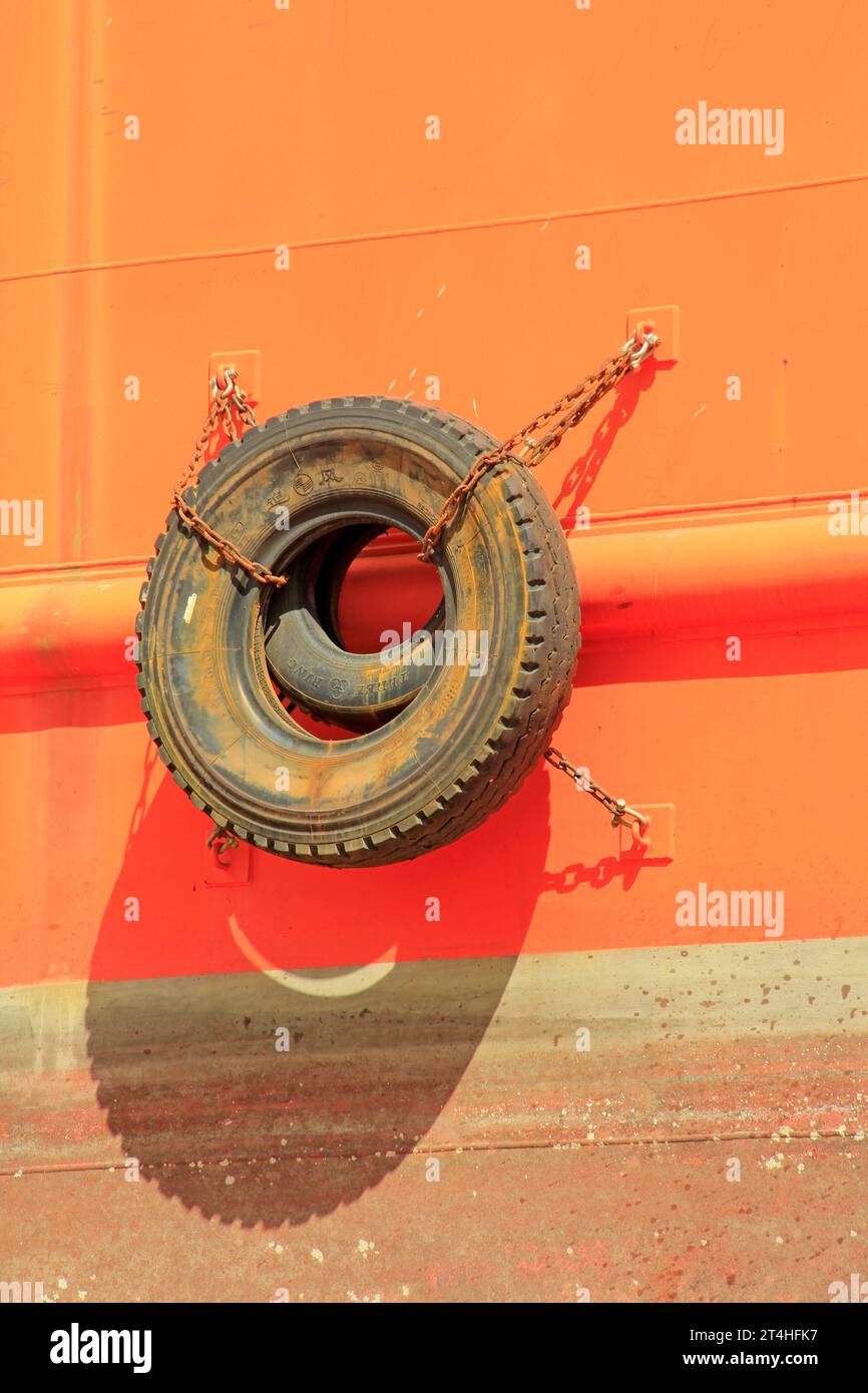 cargo ship's rail and tire, closeup of photo Stock Photo - Alamy