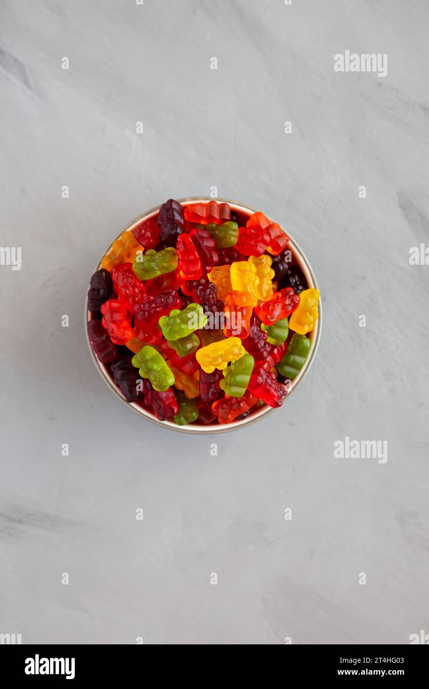 Colorful Fruity Gummy Bears in a Bowl, top view Stock Photo - Alamy
