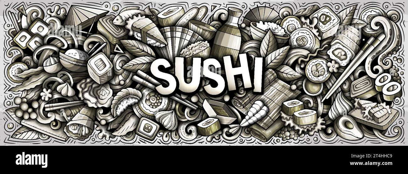 Cartoon vector Sushi doodle illustration features a variety of Japanese ...