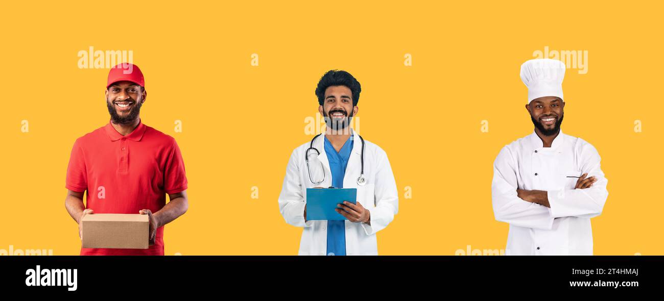 Multiethnic Men Of Different Professions Posing Over Yellow Background ...