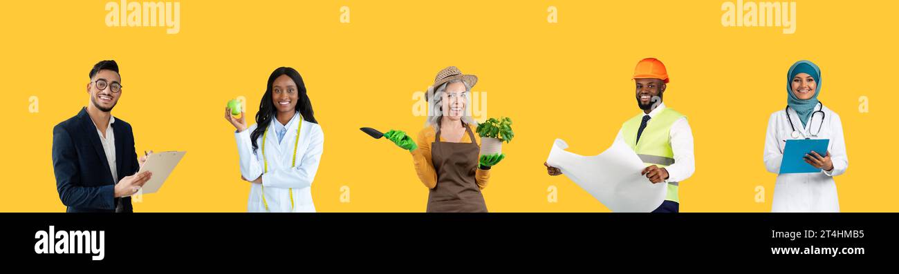 People Of Different Professions Posing Together On Yellow Studio ...