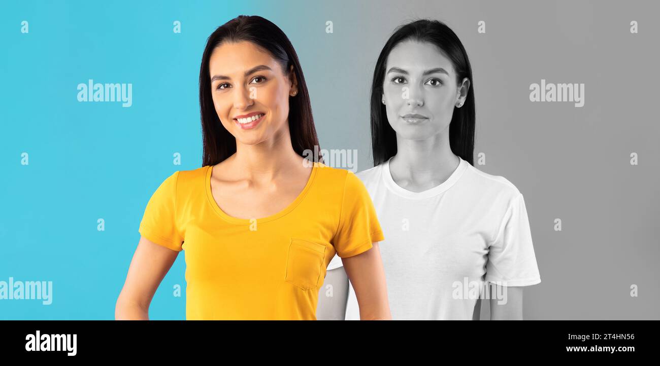 Smiling and sad millennial caucasian woman suffer from depression, pms ...