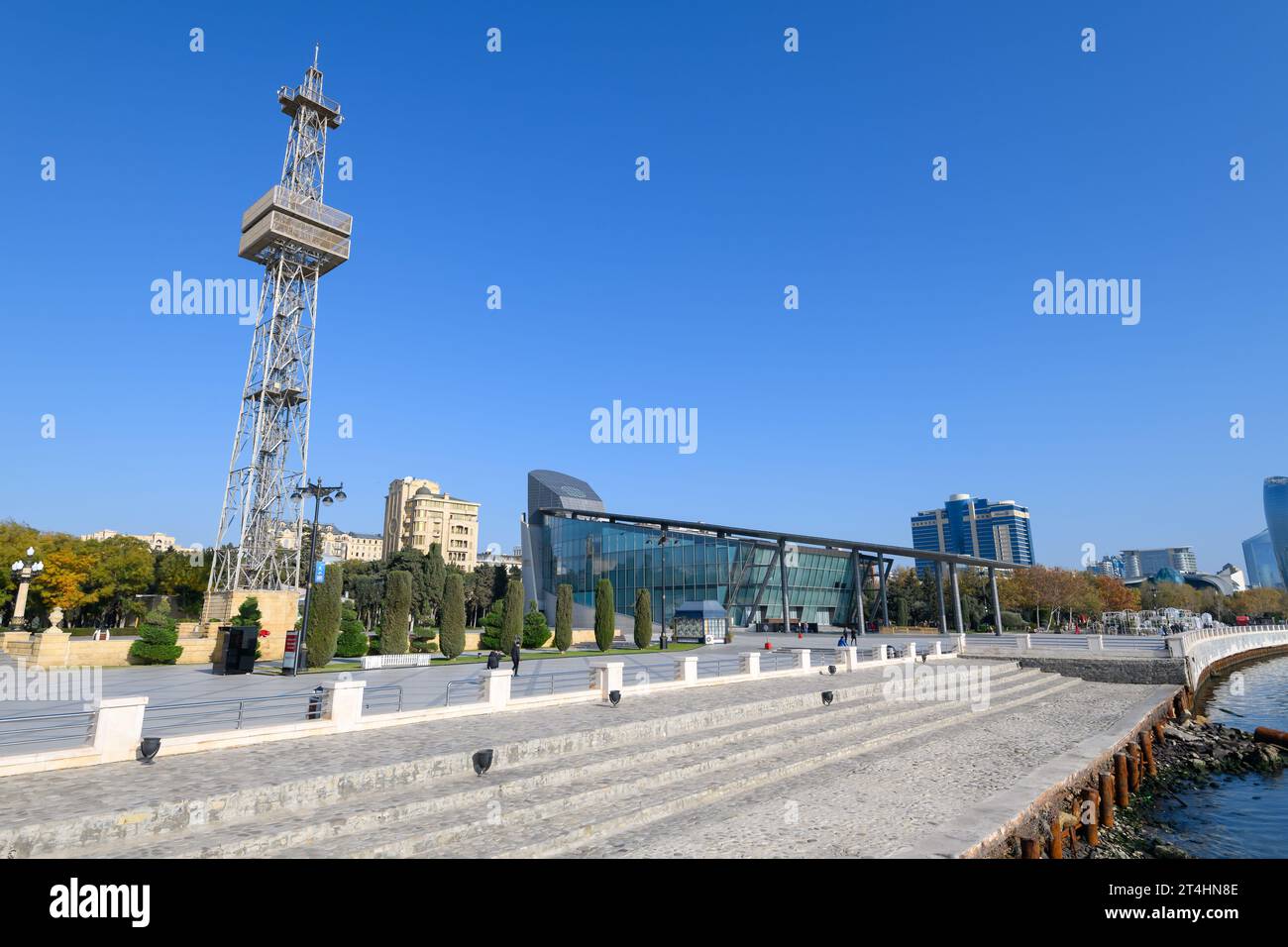 Baku Boulevard in front of Caspian Sea with Saat Qülləsi (Saat qullasi ...