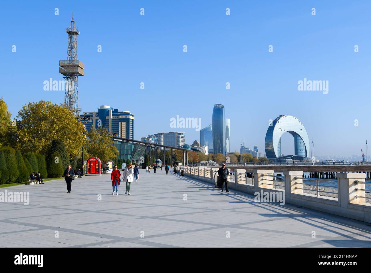 Baku Boulevard in front of Caspian Sea with Saat Qülləsi (Saat qullasi ...