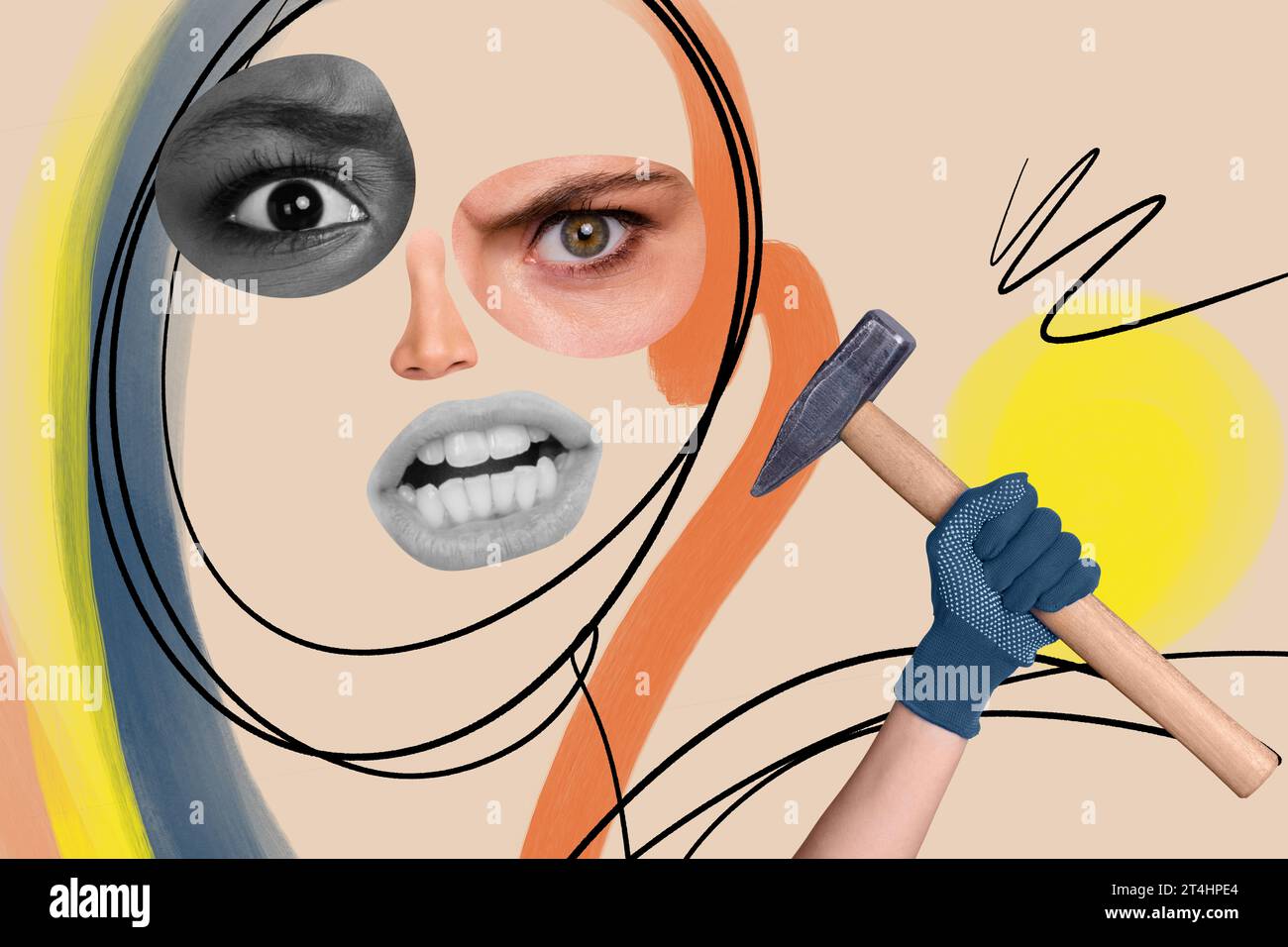 Creative template graphics collage image of scary angry different face ...