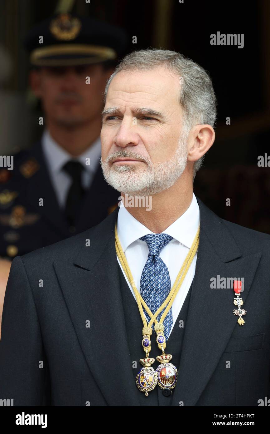 King Felipe at the exit after the act of swearing in of the ...