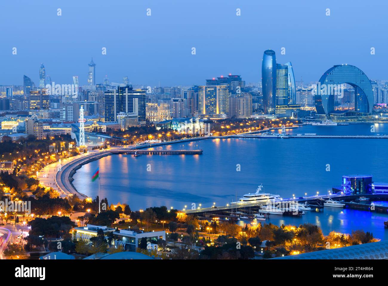 Modern skyline of Baku at night. Modern waterfront promenade of Baku ...