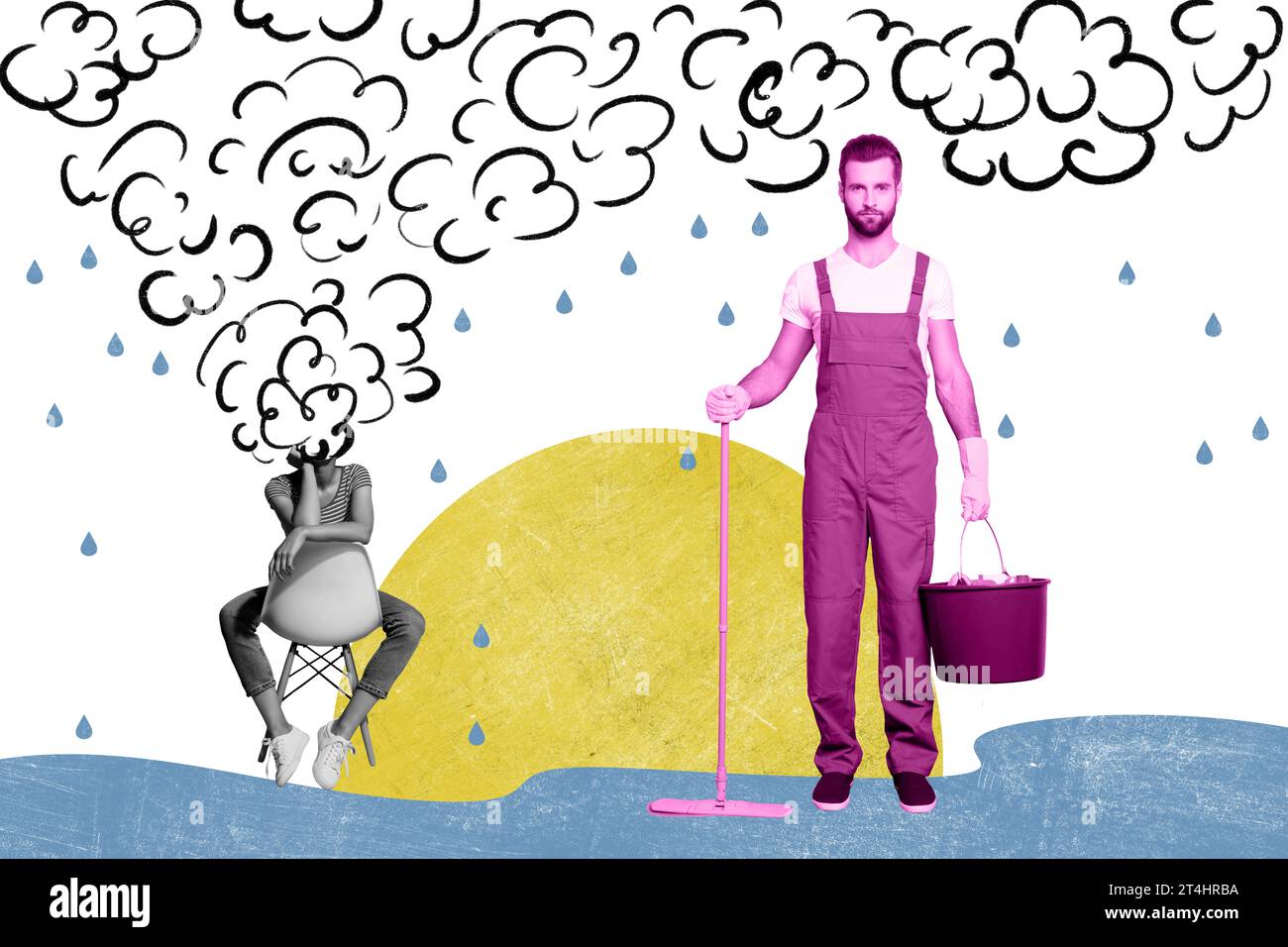 Composite artwork creative 3d photo collage of cleaner man try support ...