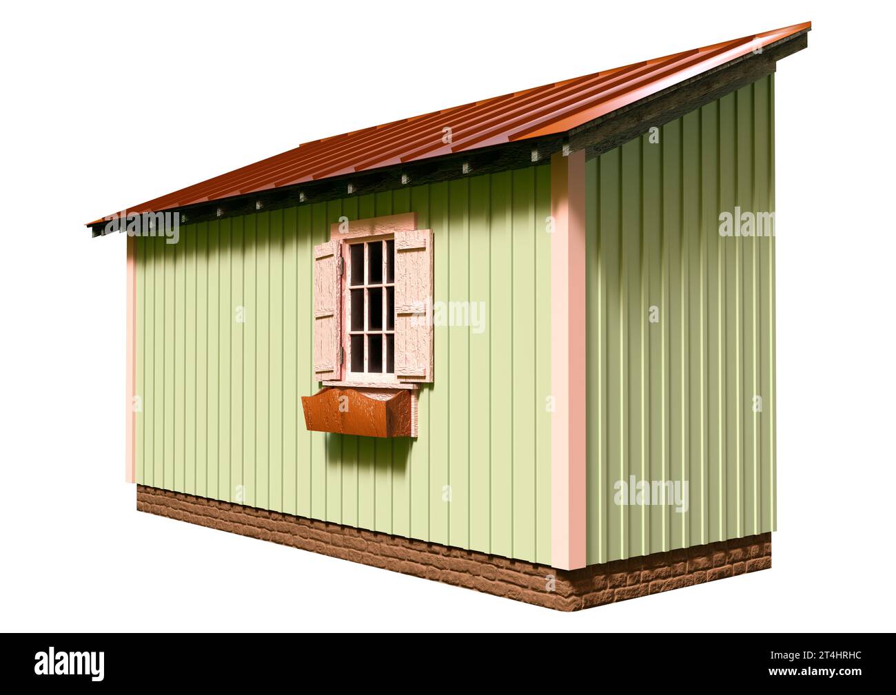 3D rendering of a green garden shed with red roof isolated on white ...
