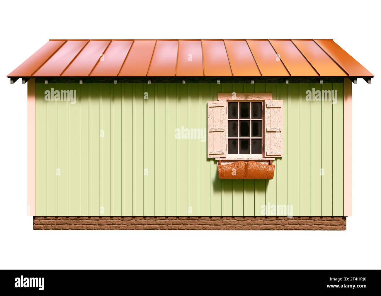 3D rendering of a green garden shed with red roof isolated on white ...