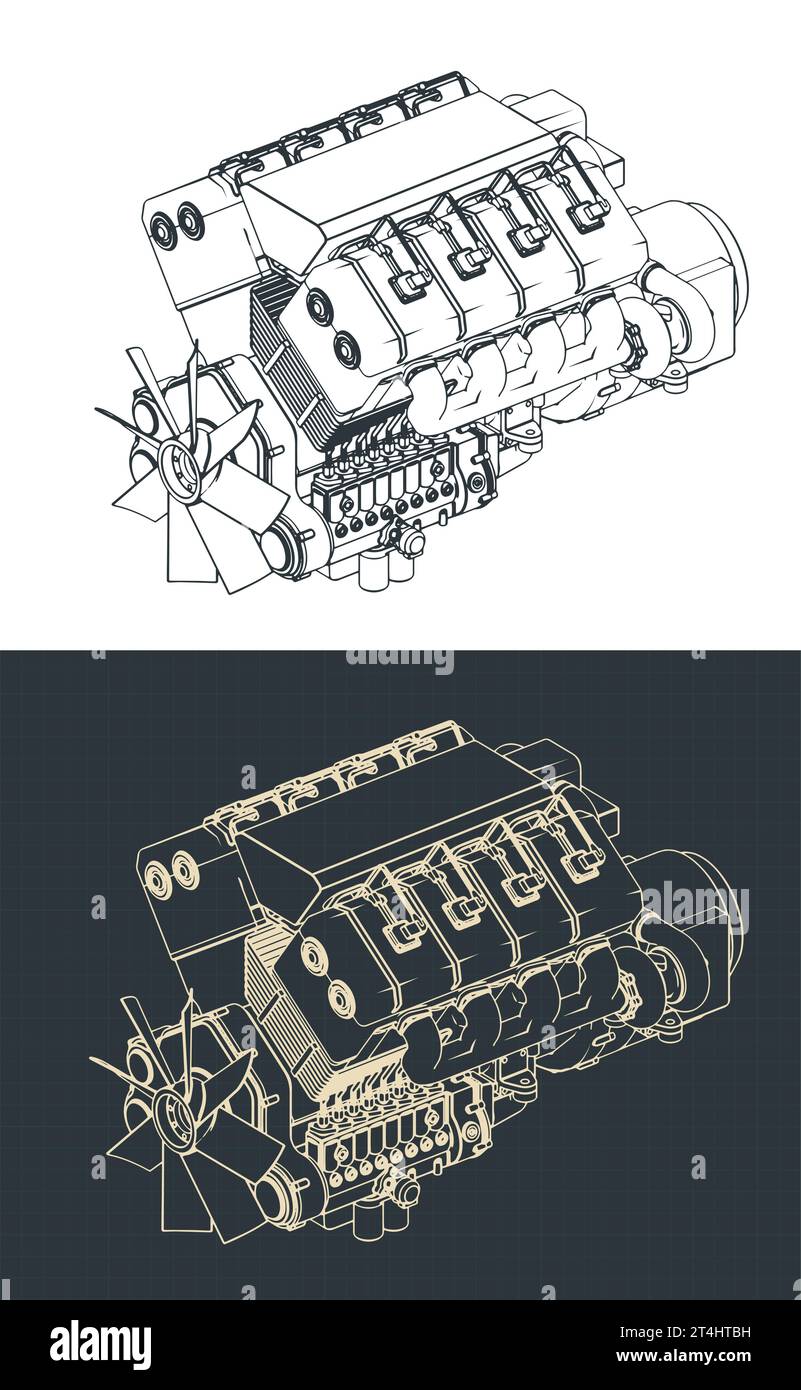 Stylized vector illustrations of isometric blueprints of turbo diesel ...