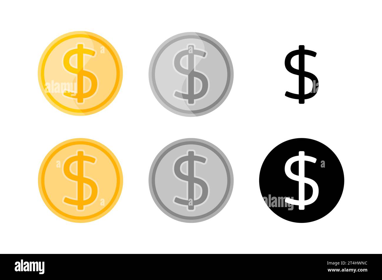 Dollar sign icons isolated. Vector set of golden, silver coins and ...
