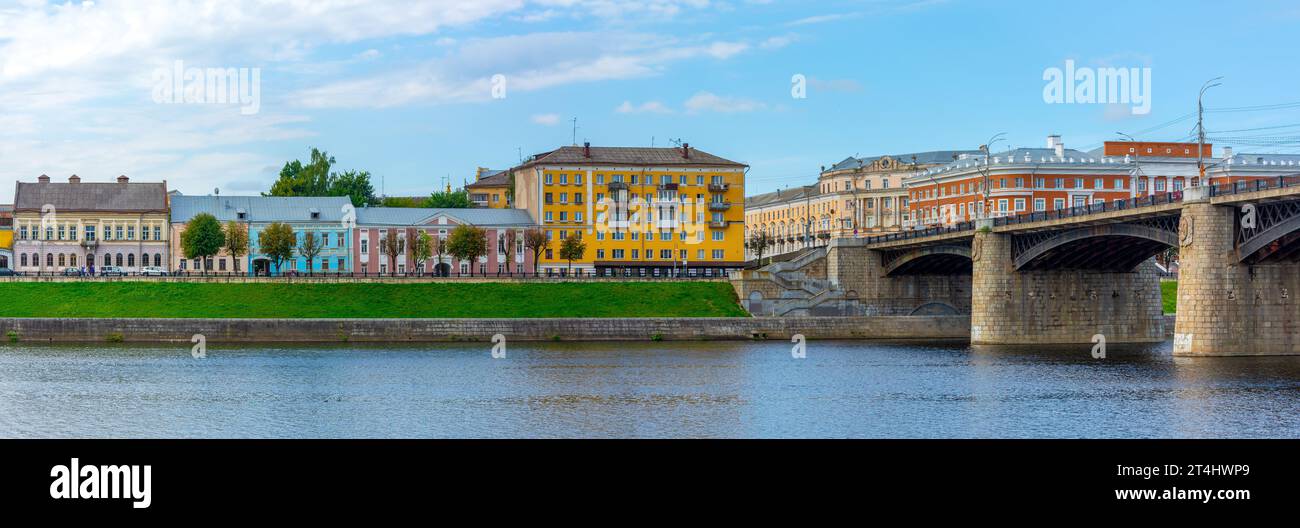 Tver, panoramic view of the New Volga Bridge and the embankment of ...