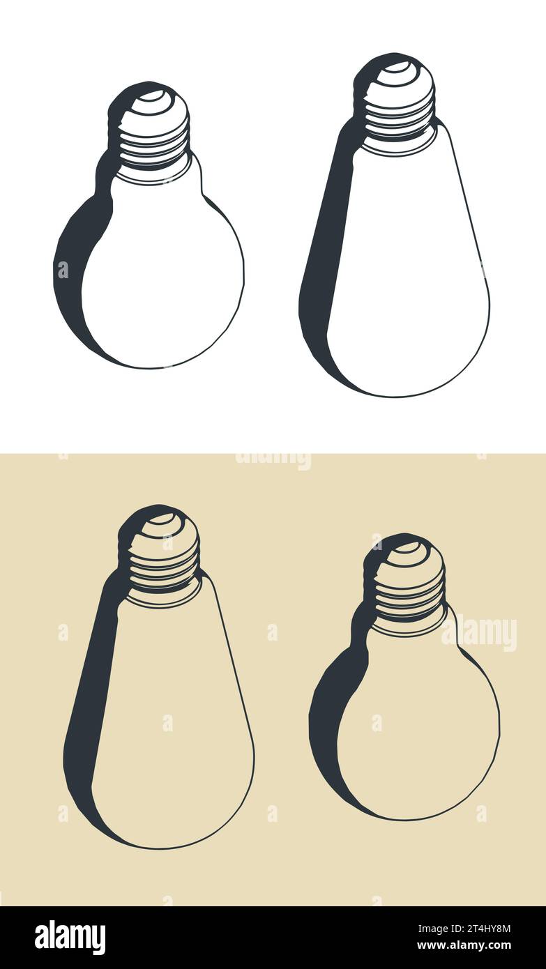 Stylized vector illustrations of LED lamps with visible carbon filament ...