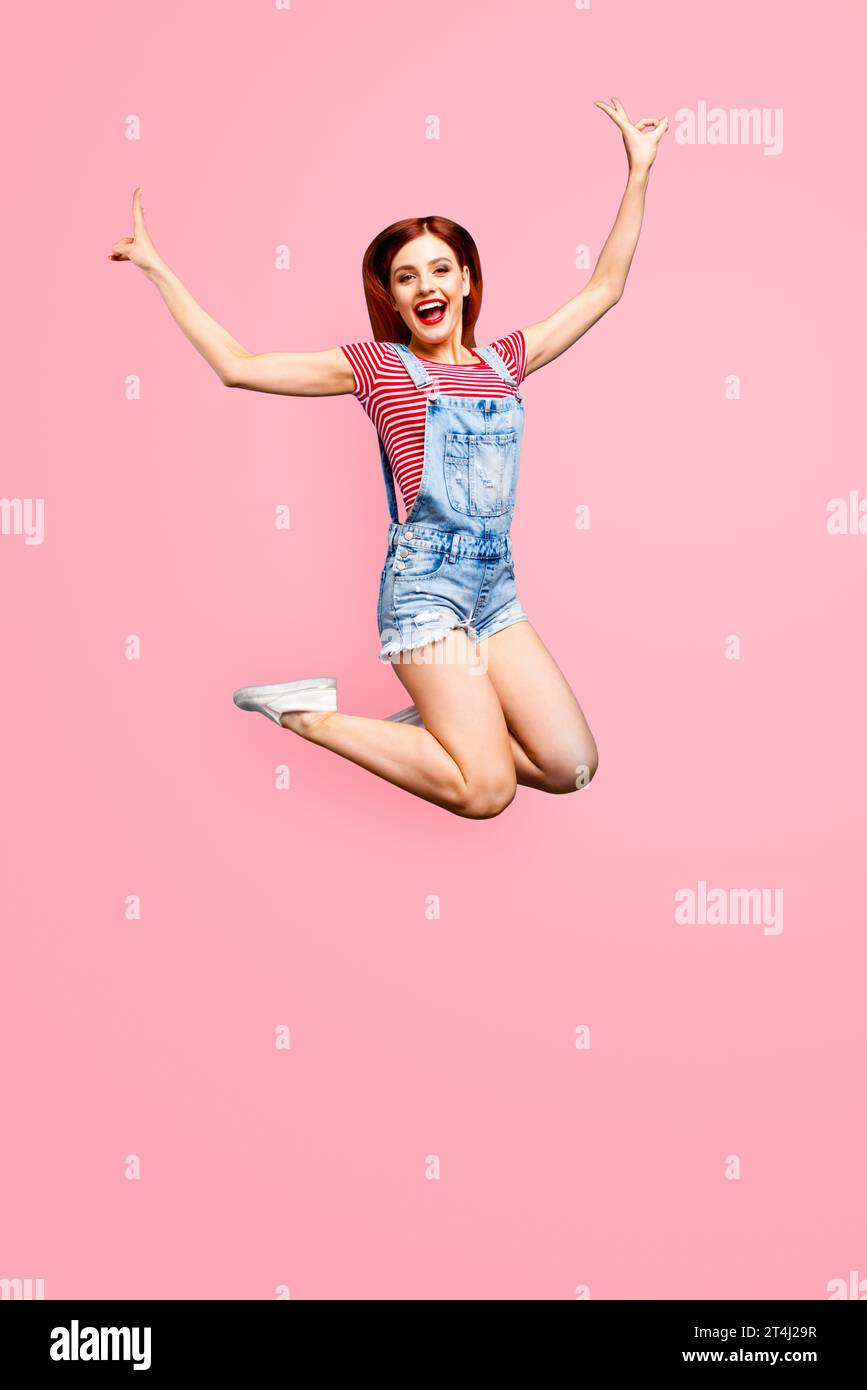 Vertical full size body length studio photo portrait of fun joy excited ...