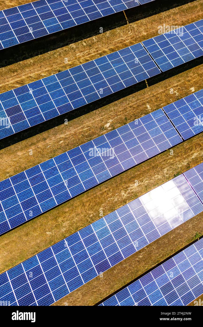 Rows of modules from a solar park for the production of renewable ...