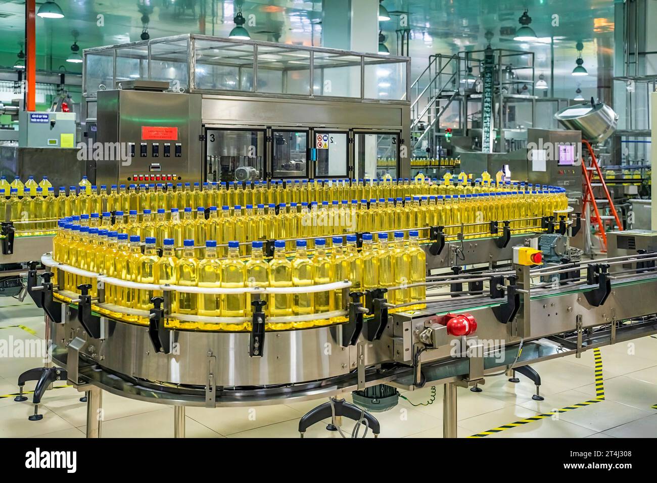 Cooking oil or Sunflower oil in the bottle moving on production line ...