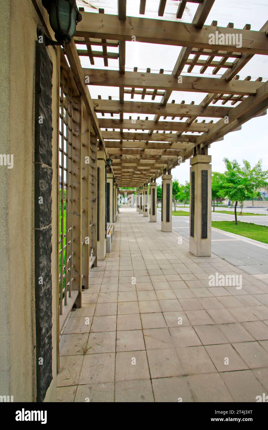 Wooden corridor in the park, closeup of photo Stock Photo - Alamy