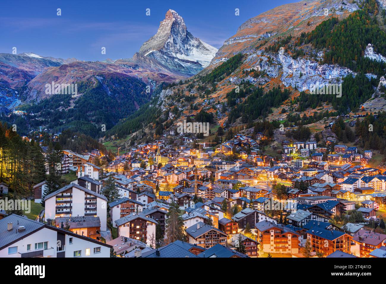 Zermatt, Switzerland Alpine Village with the Matterhorn at blue hour ...