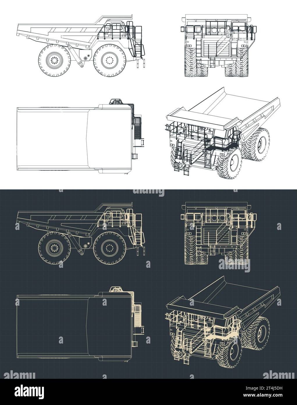 Stylized vector illustrations of blueprints of huge mining dump truck ...