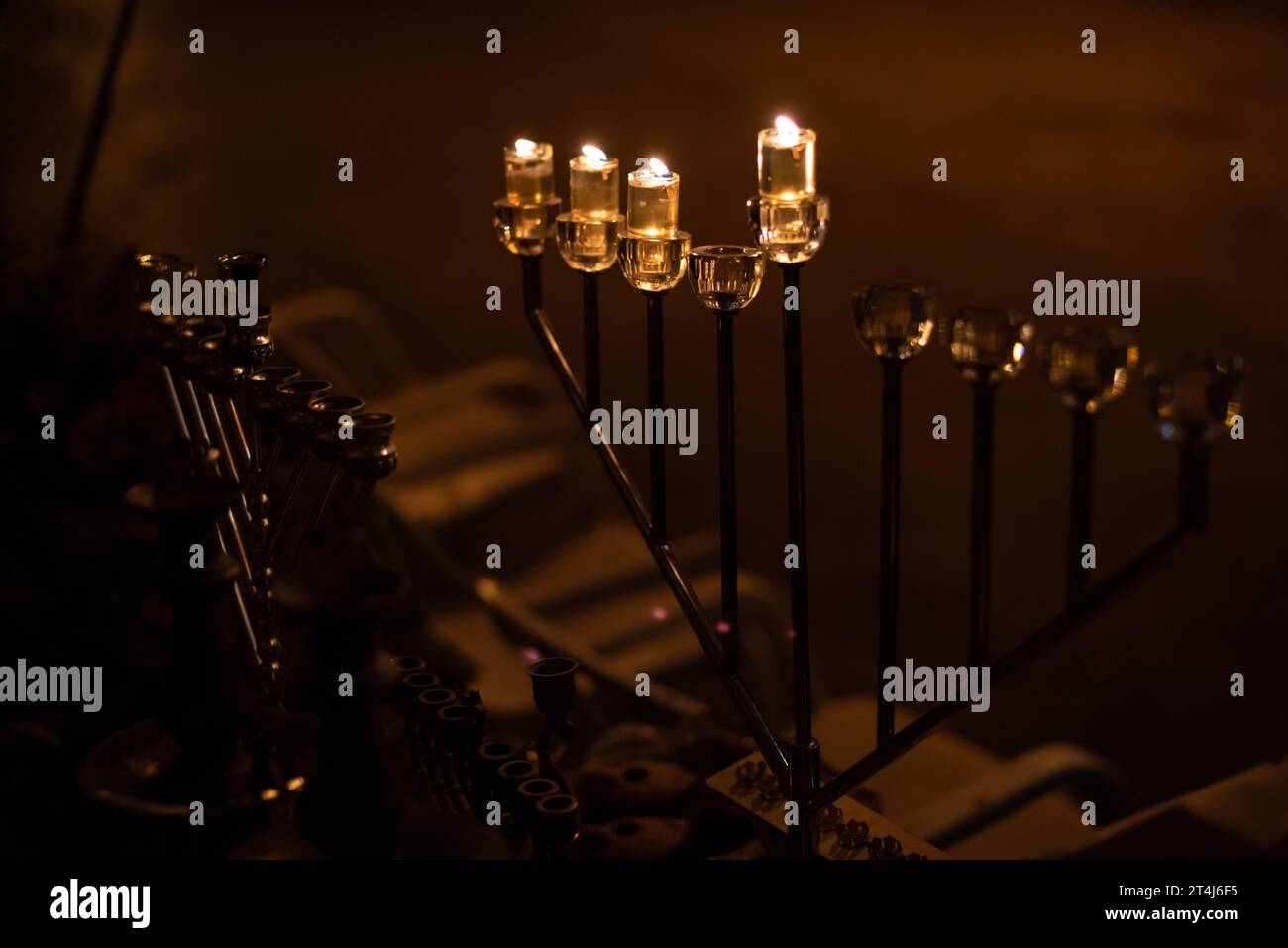 Hanukkah menorah with oil lights burning in Jerusalem during the ...