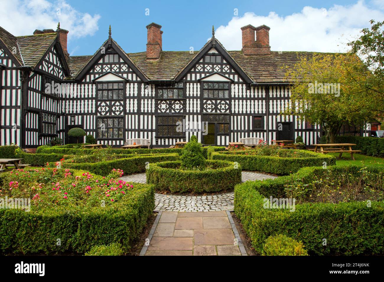 The Old Hall hotel, a half timbered black and white former manor house ...