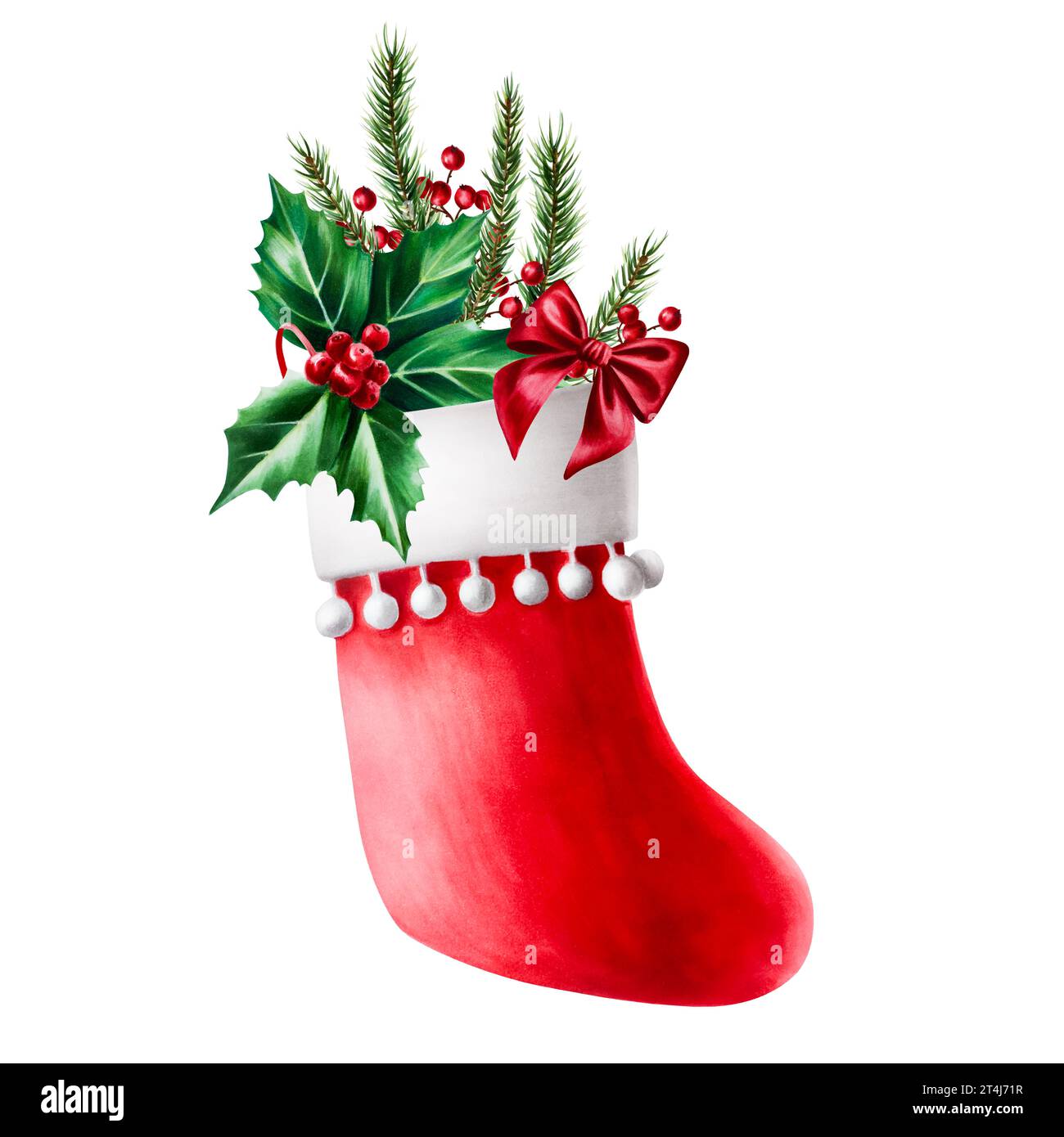 Watercolor red christmas stocking with fir branches and holly berry ...