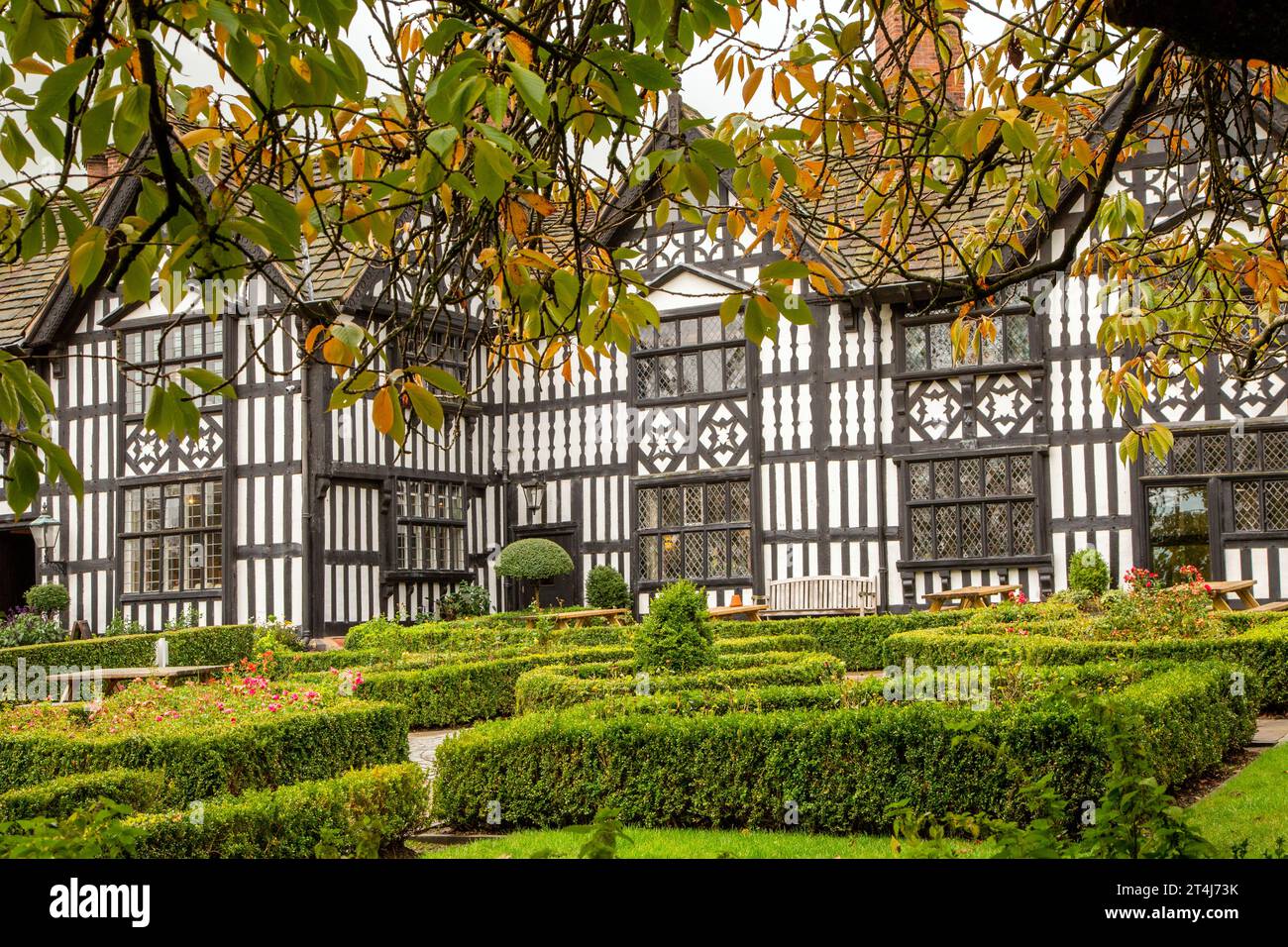 The Old Hall hotel, a half timbered black and white former manor house ...