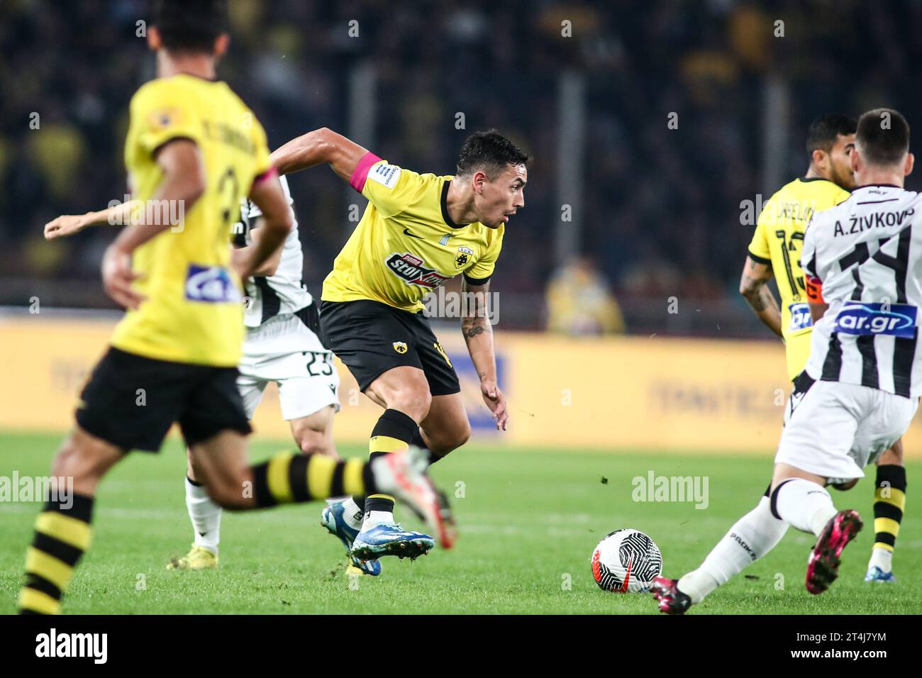 Athens, Greece. 30th Oct, 2023. AEK's Ezequiel Ponce (Center) in action ...