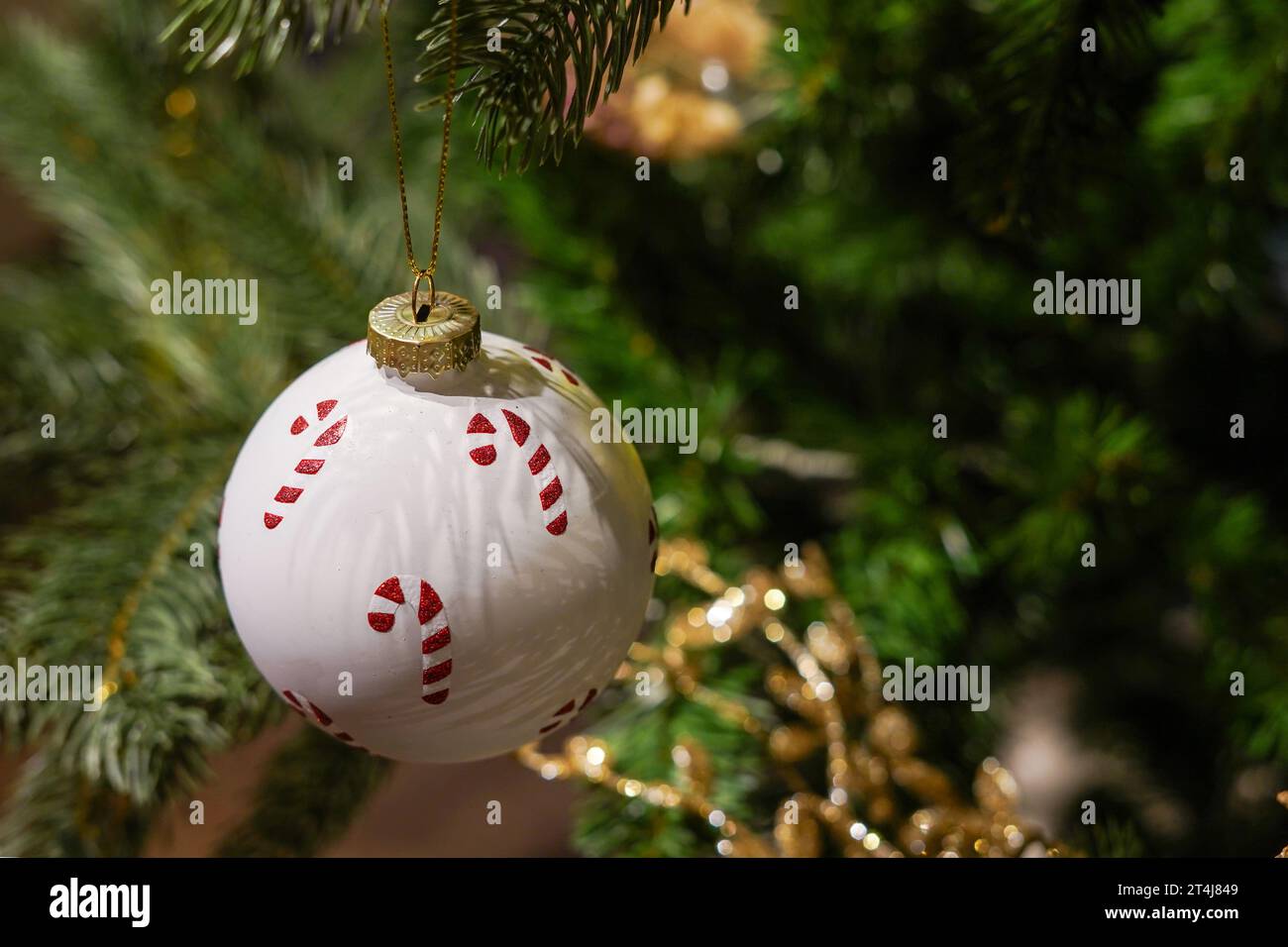 Christmas background - white ball on the branch of spruce tree Stock ...