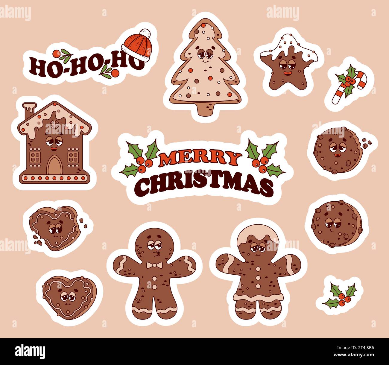 Christmas retro cartoon characters gingerbread stickers set ...