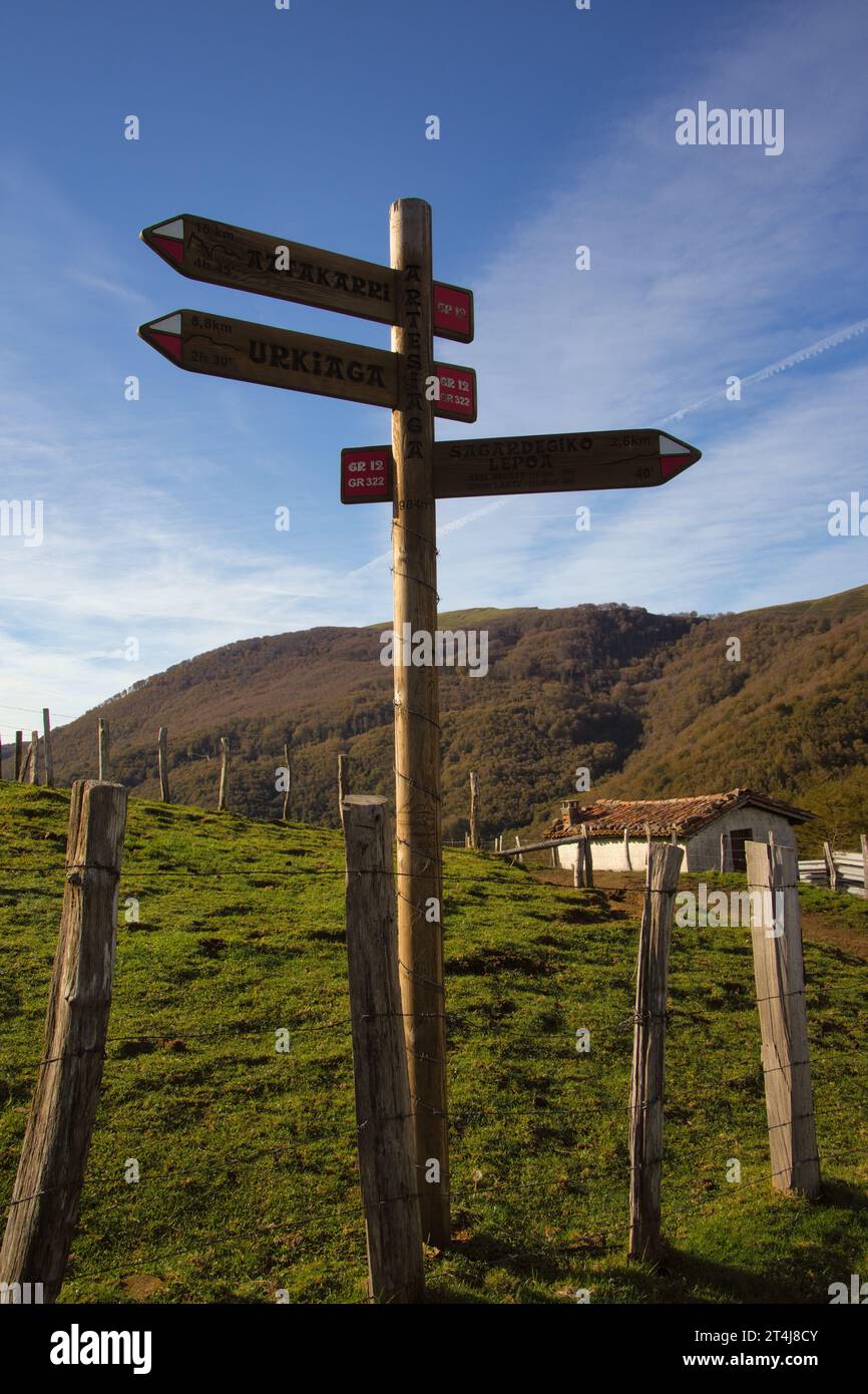 Trail markers and hiking posts indicating the direction to follow on a ...