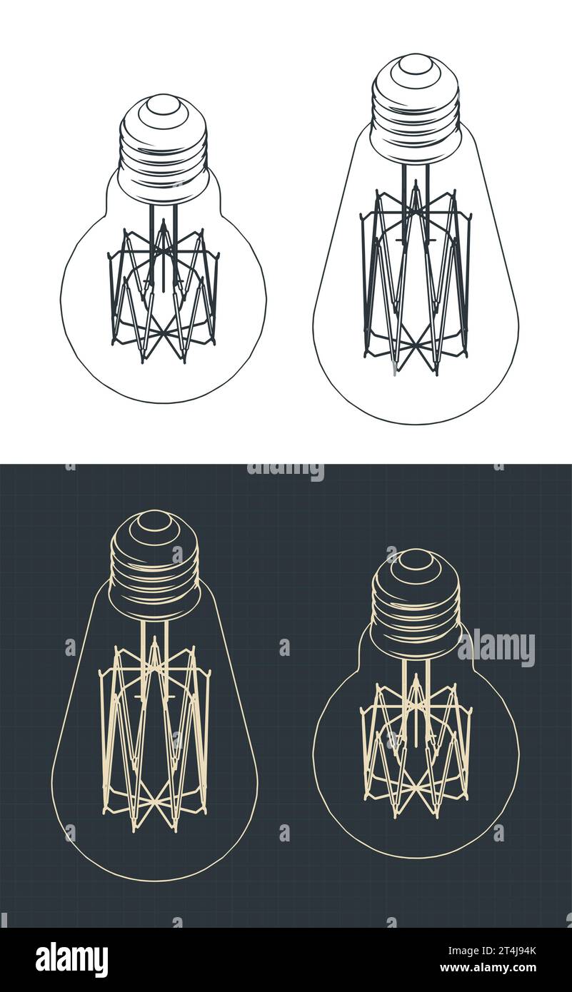 Stylized vector illustrations of isometric blueprints of LED lamps with ...
