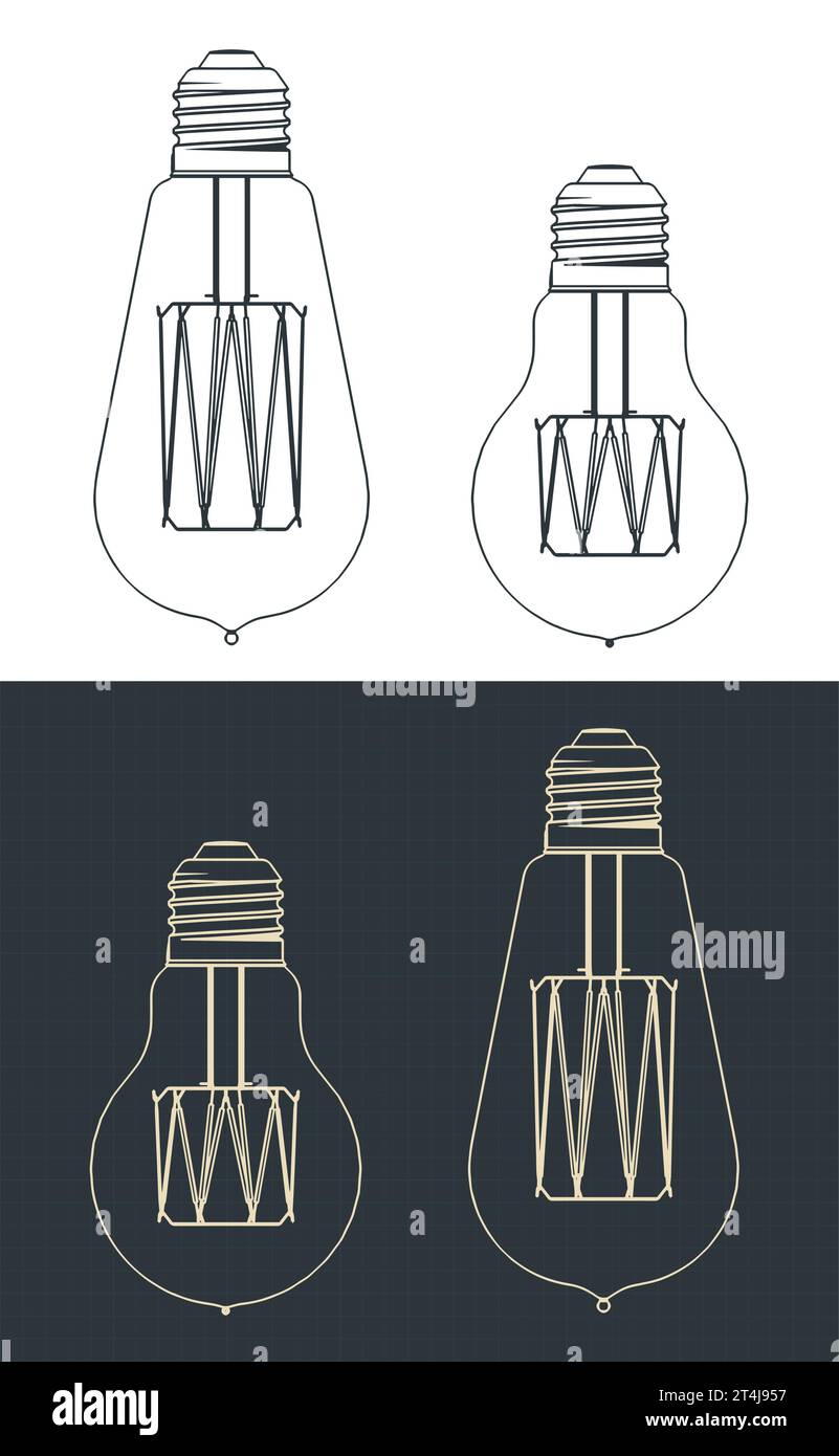 Stylized vector illustrations of blueprints of LED lamps with visible ...