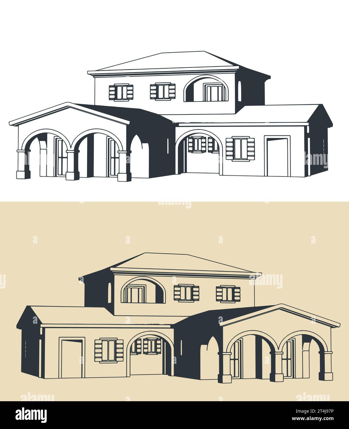 Stylized vector illustration of a Mediterranean style manor house Stock ...