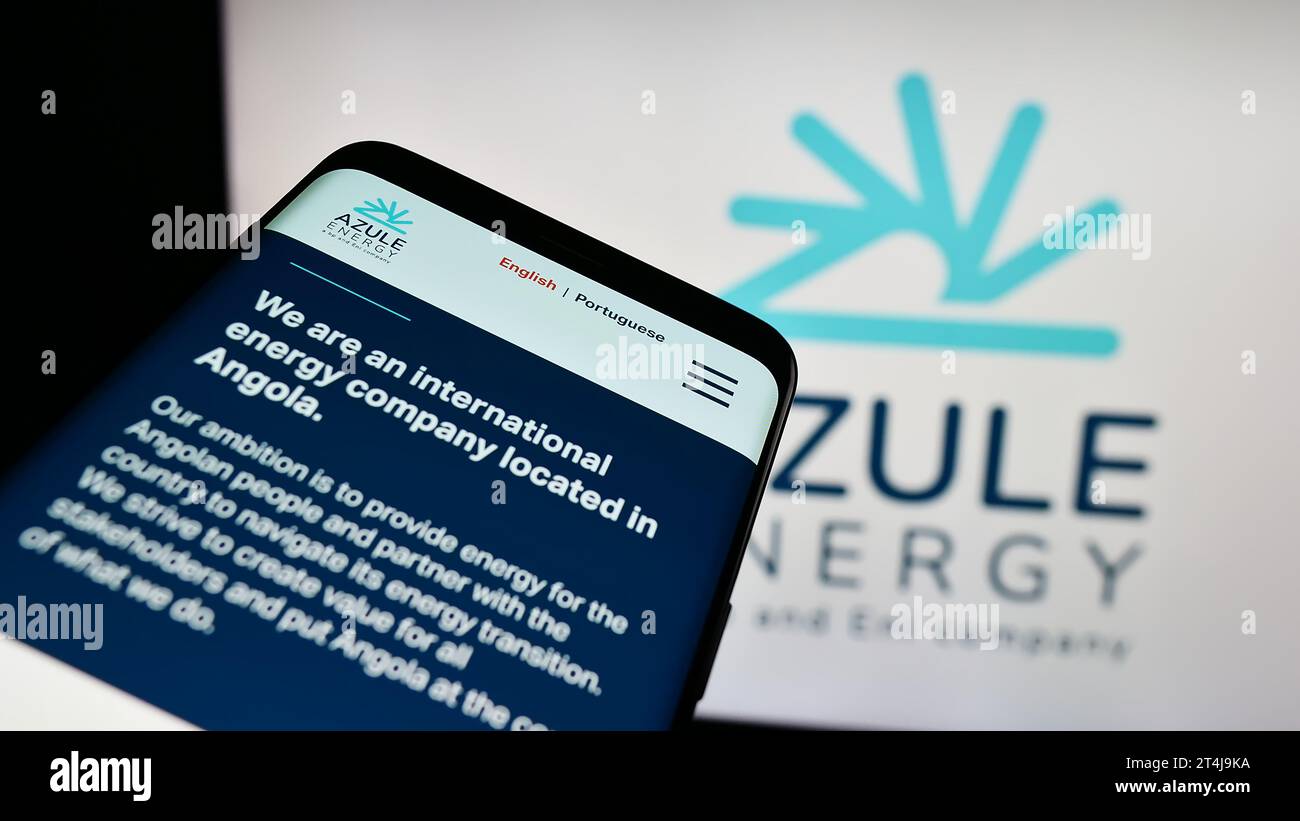 Smartphone with website of Angolan oil company Azule Energy in front of ...