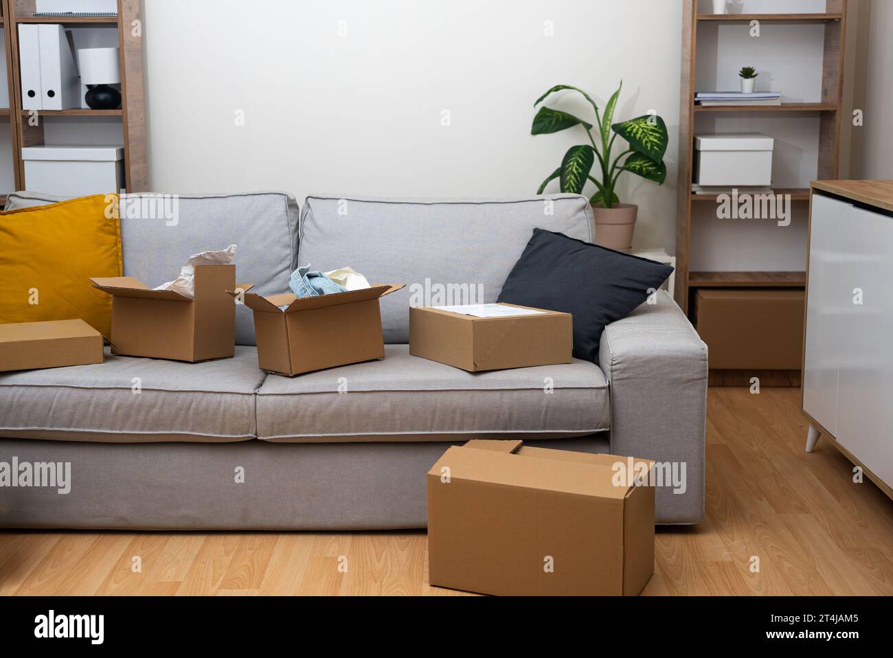 Cardboard boxes with purchased goods for unpacking stand on sofa in ...