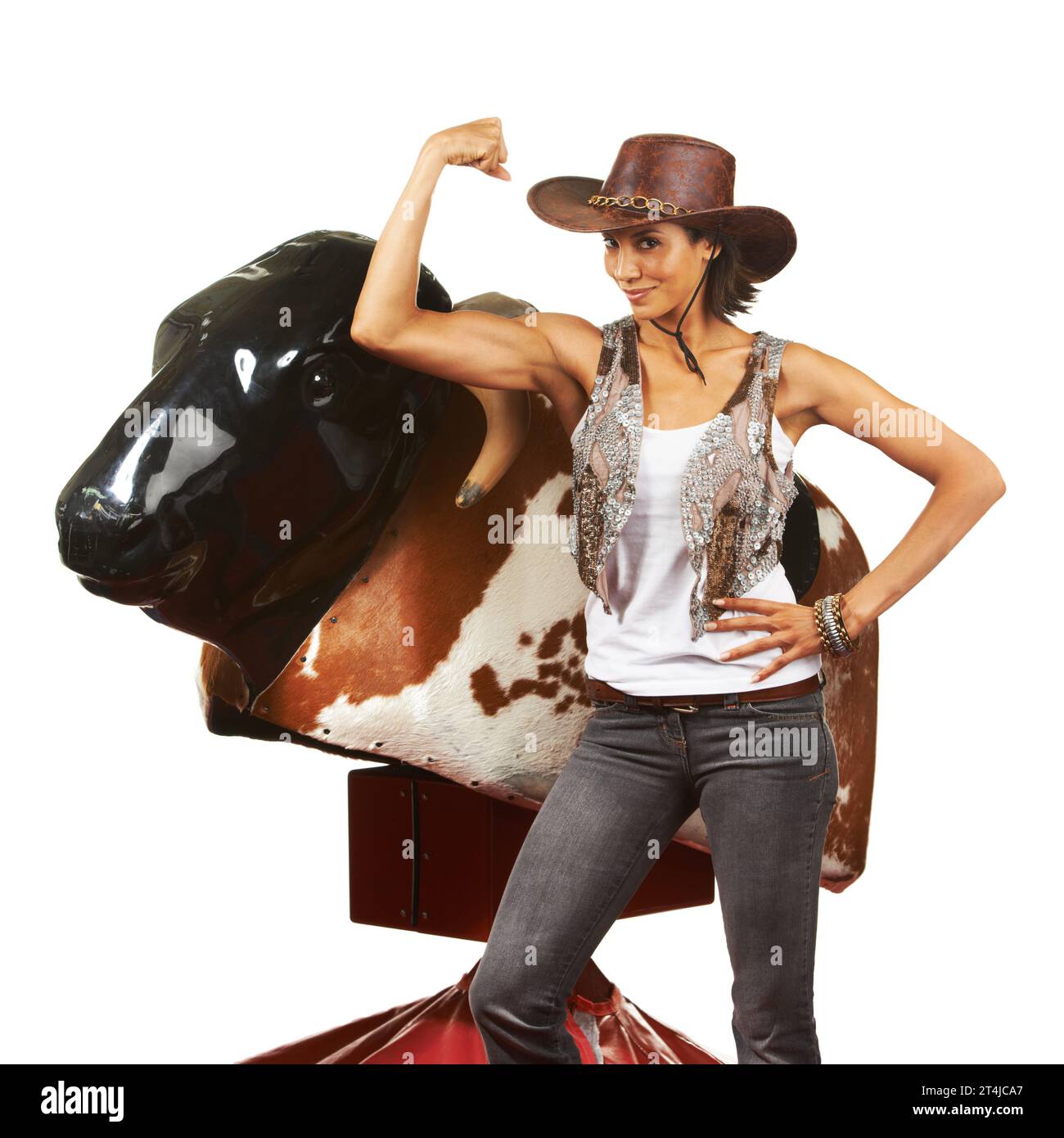 Cowboy, bull and rodeo machine with woman in fitness portrait with ...