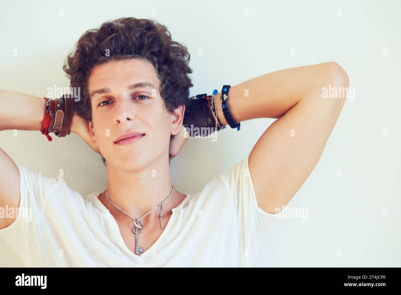 Portrait of gen z man with cool fashion, confidence and handsome smile ...