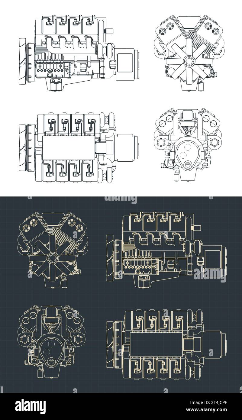 Stylized vector illustrations of blueprints of turbo diesel engine ...